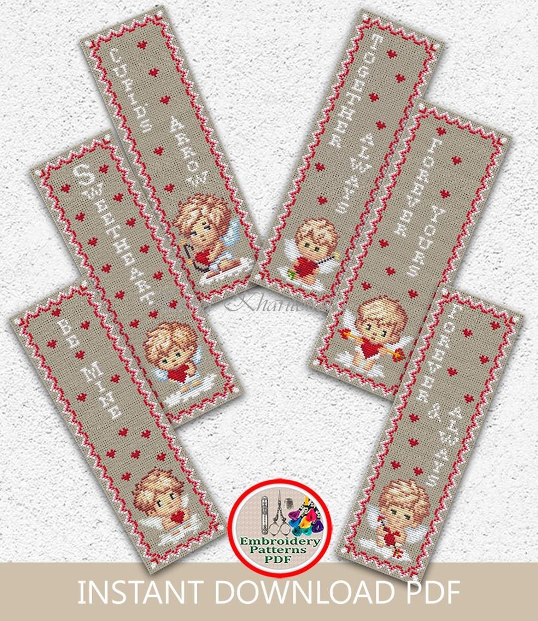 Cupids Bookmarks Cross Stitch Pattern Valentines Day Bookmark Samplers ...
