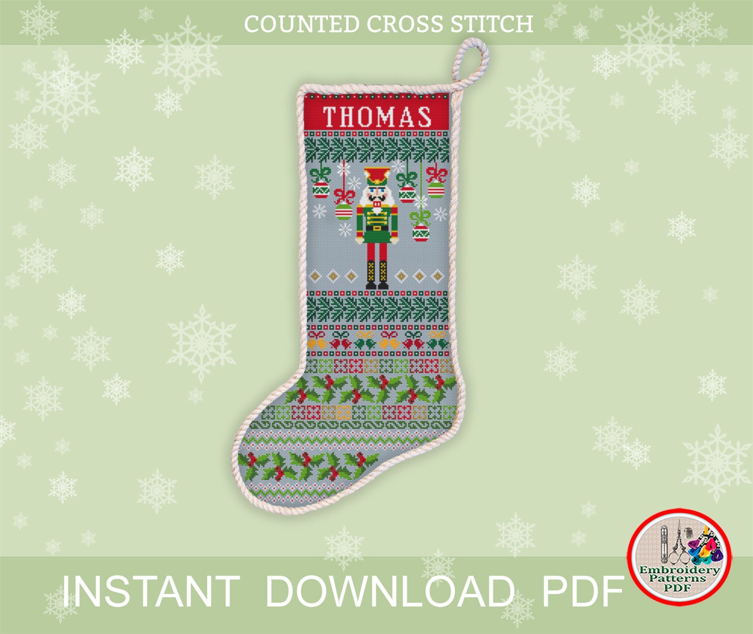 Nutcracker Stocking Cross Stitch Pattern Personalize Christmas Stocking Embroidery Sampler Santa ...