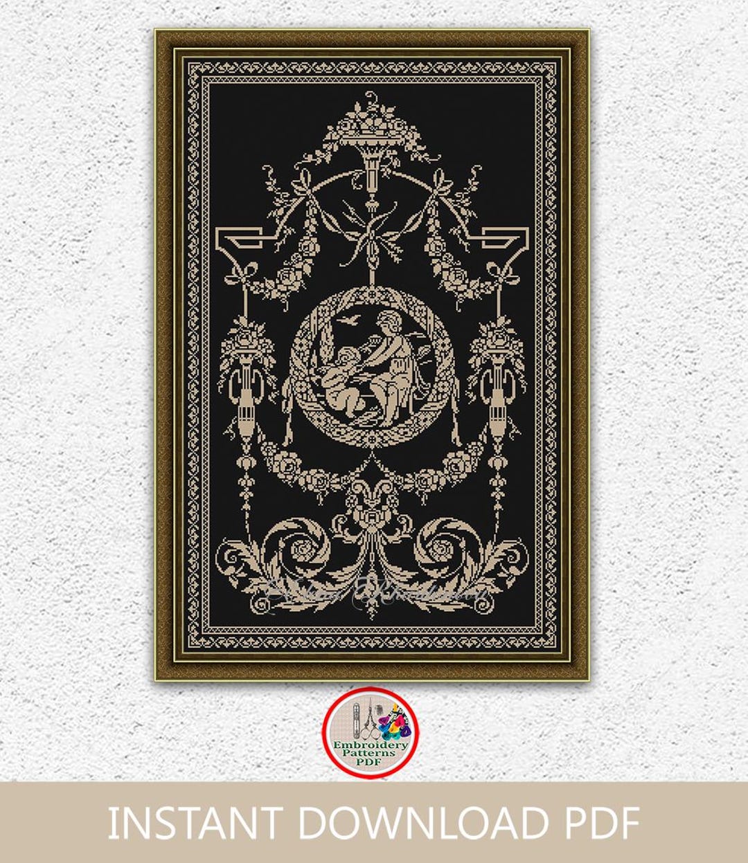 Antique Monochrome Sampler Cross Stitch Pattern Vintage Embroidery ...