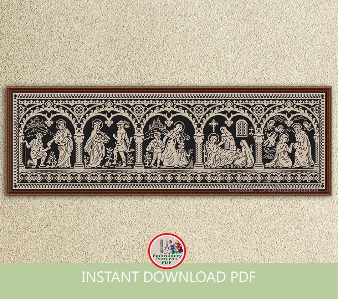 Religious Monochrome Sampler Cross Stitch Pattern Medieval Embroidery ...