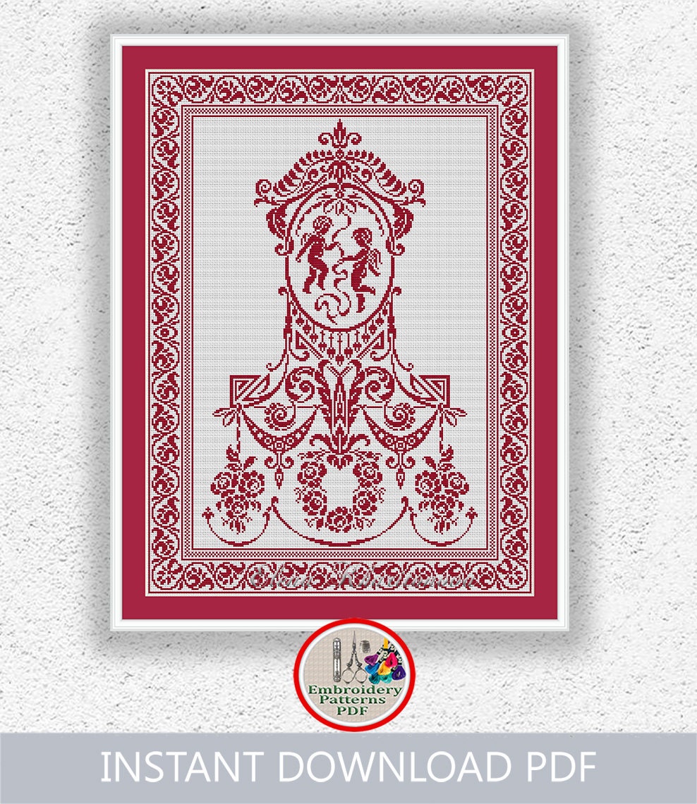 Two Baby Angels Cross Stitch Pattern Monochrome Sampler Embroidery ...