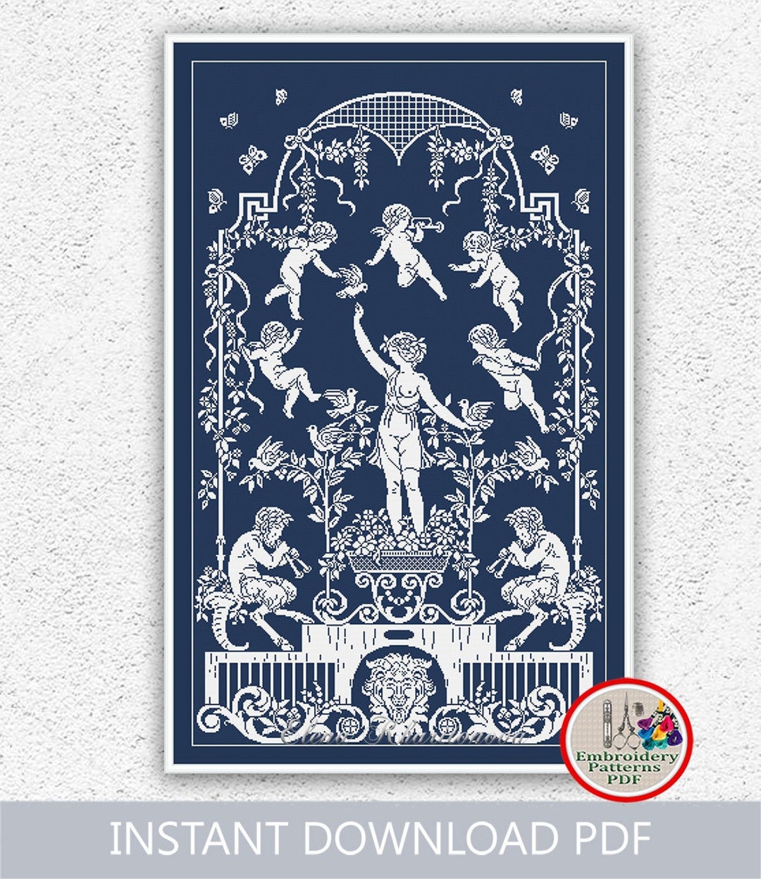 Monochrome Sampler Counted Cross Stitch Pattern Nymph Satyr Faun Baby ...