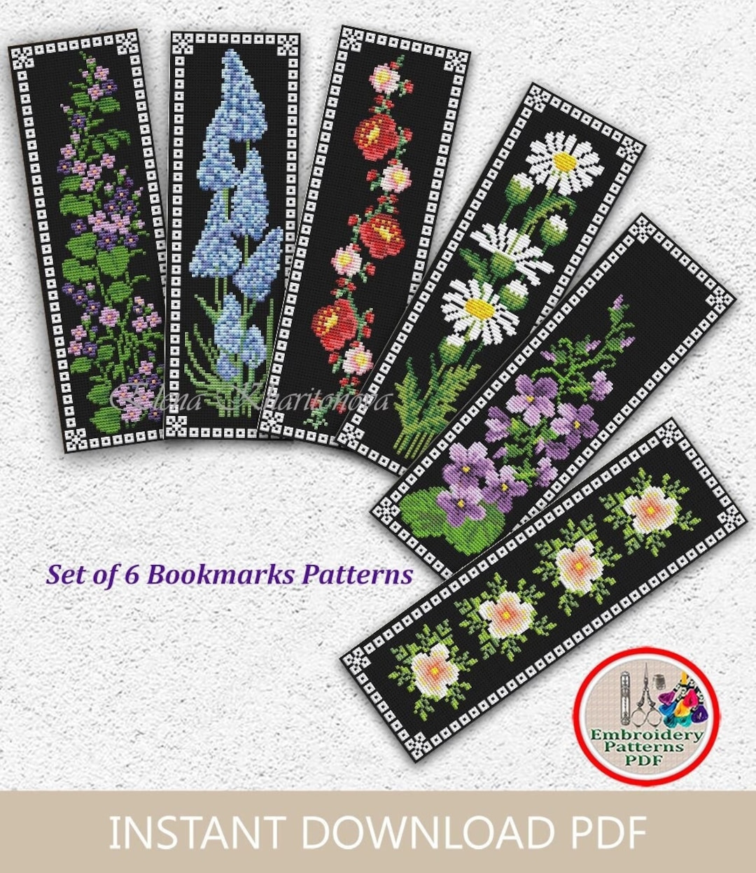 Set of 6 Floral Bookmarks Cross Stitch Pattern Violets Daisies Red ...