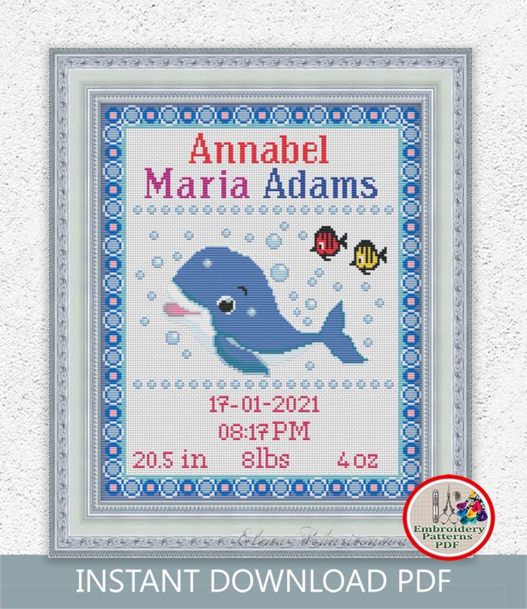 Blue Whale Personalized Baby Birth Sampler Cross Stitch Pattern Custom ...