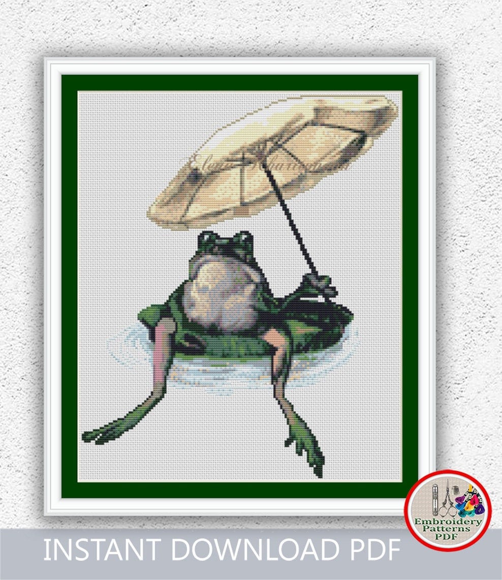 Frog Counted Cross Stitch Pattern Cute Frog With Umbrella Xstitch Chart ...