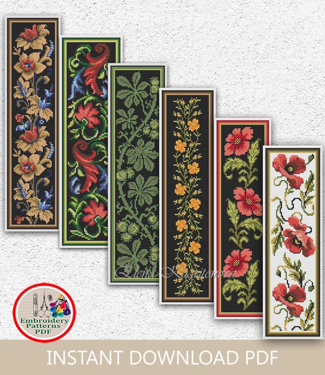 Set of 6 Colorful Bookmarks Cross Stitch Pattern Floral Bookmark ...