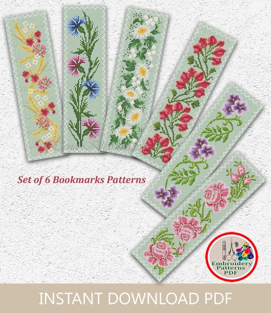 Flowers Bookmarks Cross Stitch Pattern Violets Roses Daisies Carnation ...