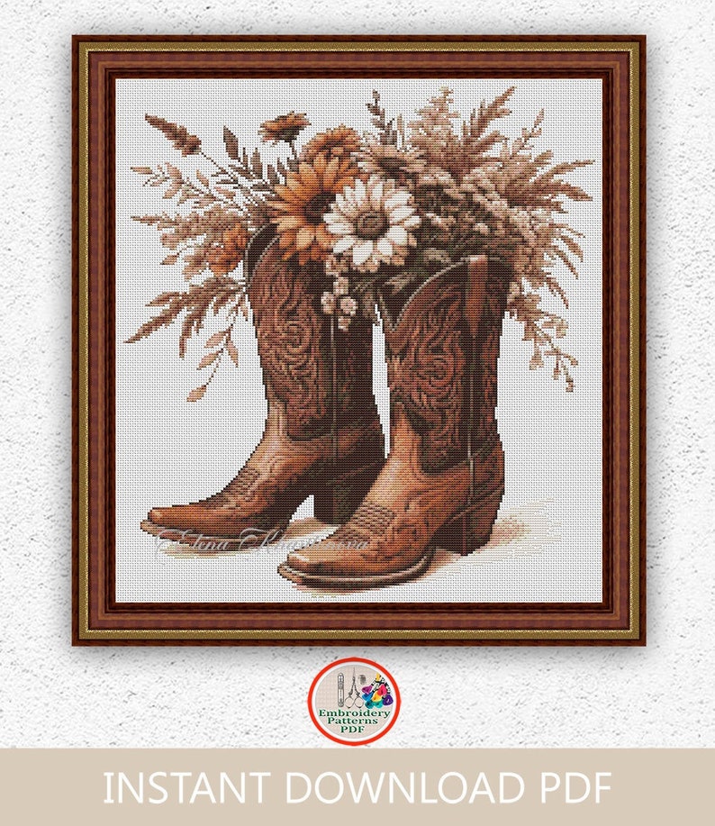 Floral Cowboy Boots Counted Cross Stitch Pattern Flower Cross Stitch ...