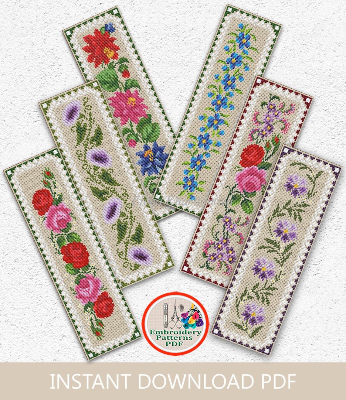 Set of 6 Bookmarks Cross Stitch Pattern Floral Bookmark Sampler ...