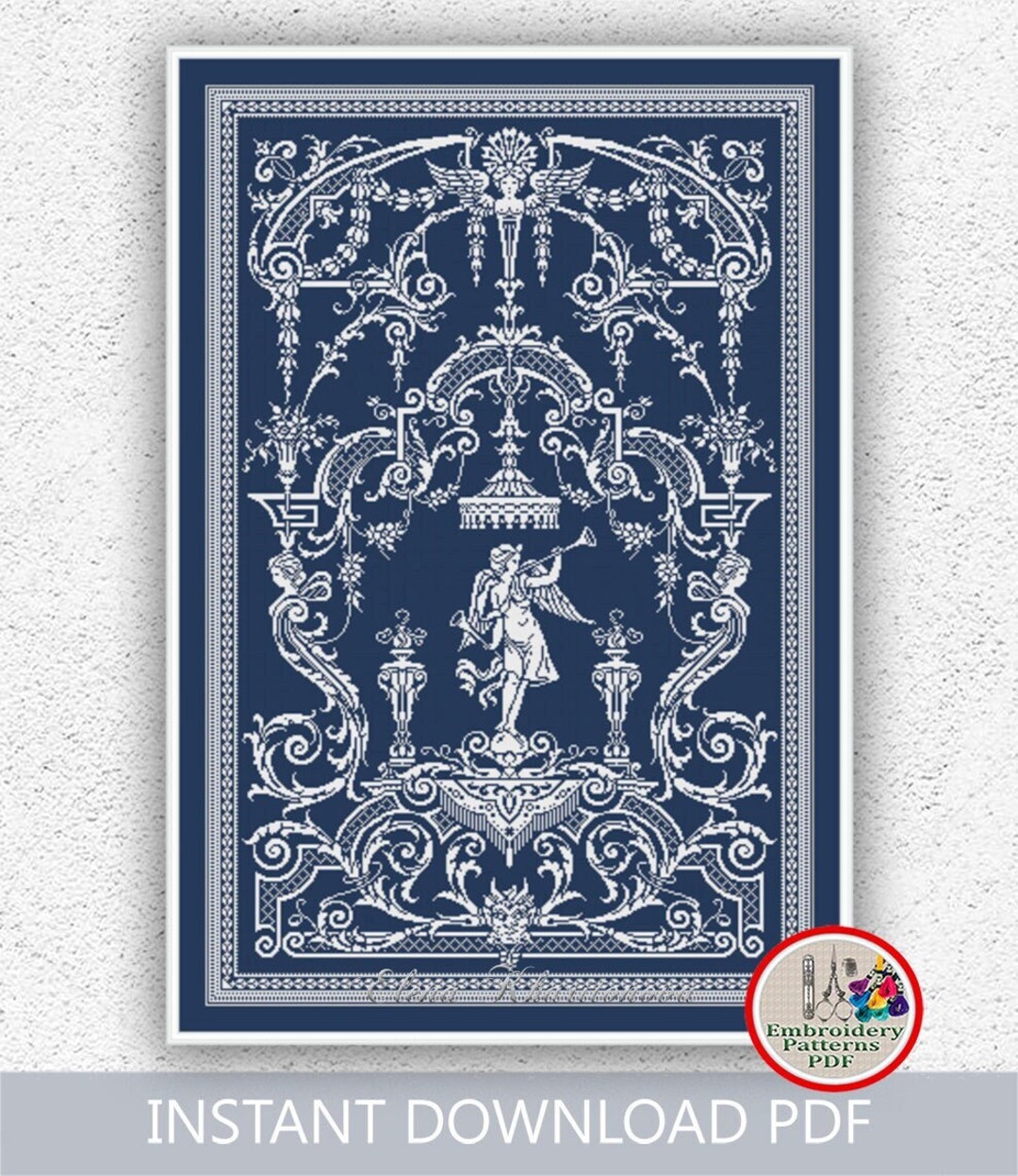 Fairy Playing Flute Cross Stitch Pattern Monochrome Sampler Embroidery ...