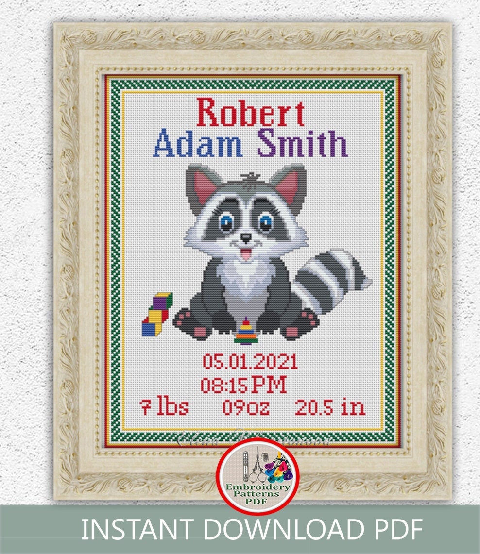 Baby Raccoon Cross Stitch Pattern Customizable Birth - Etsy
