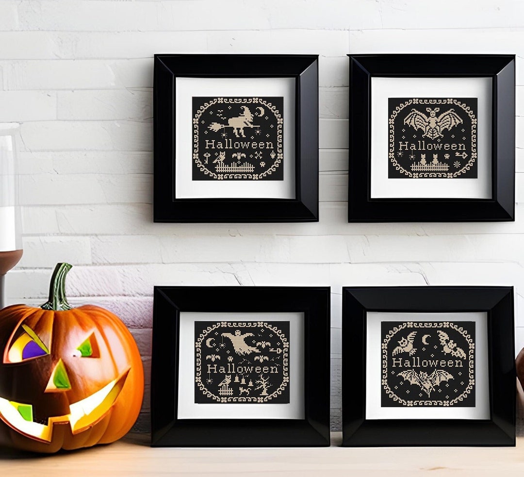 Set of 4 Halloween Quaker Samplers Cross Stitch Pattern Monochrome ...