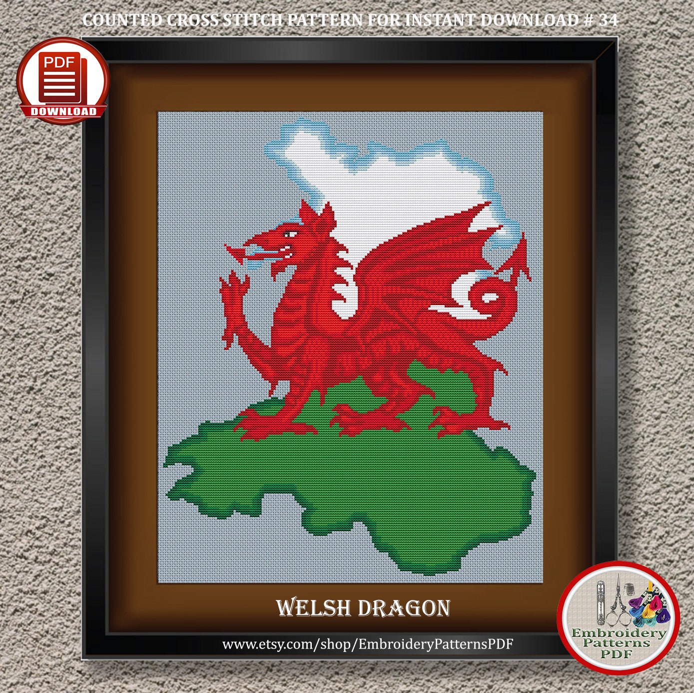 Welsh Dragon Counted Cross Stitch Pattern Y Ddraig Goch Red Dragon ...