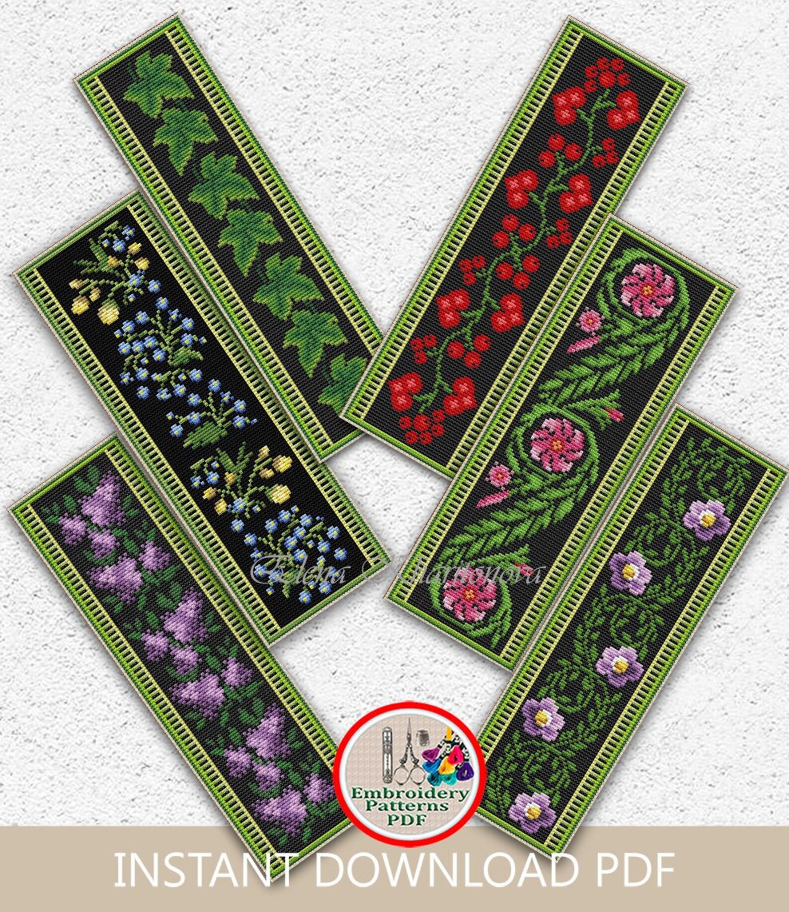 Set of 6 Flowers Bookmark Cross Stitch Pattern Floral Bookmark Sampler ...