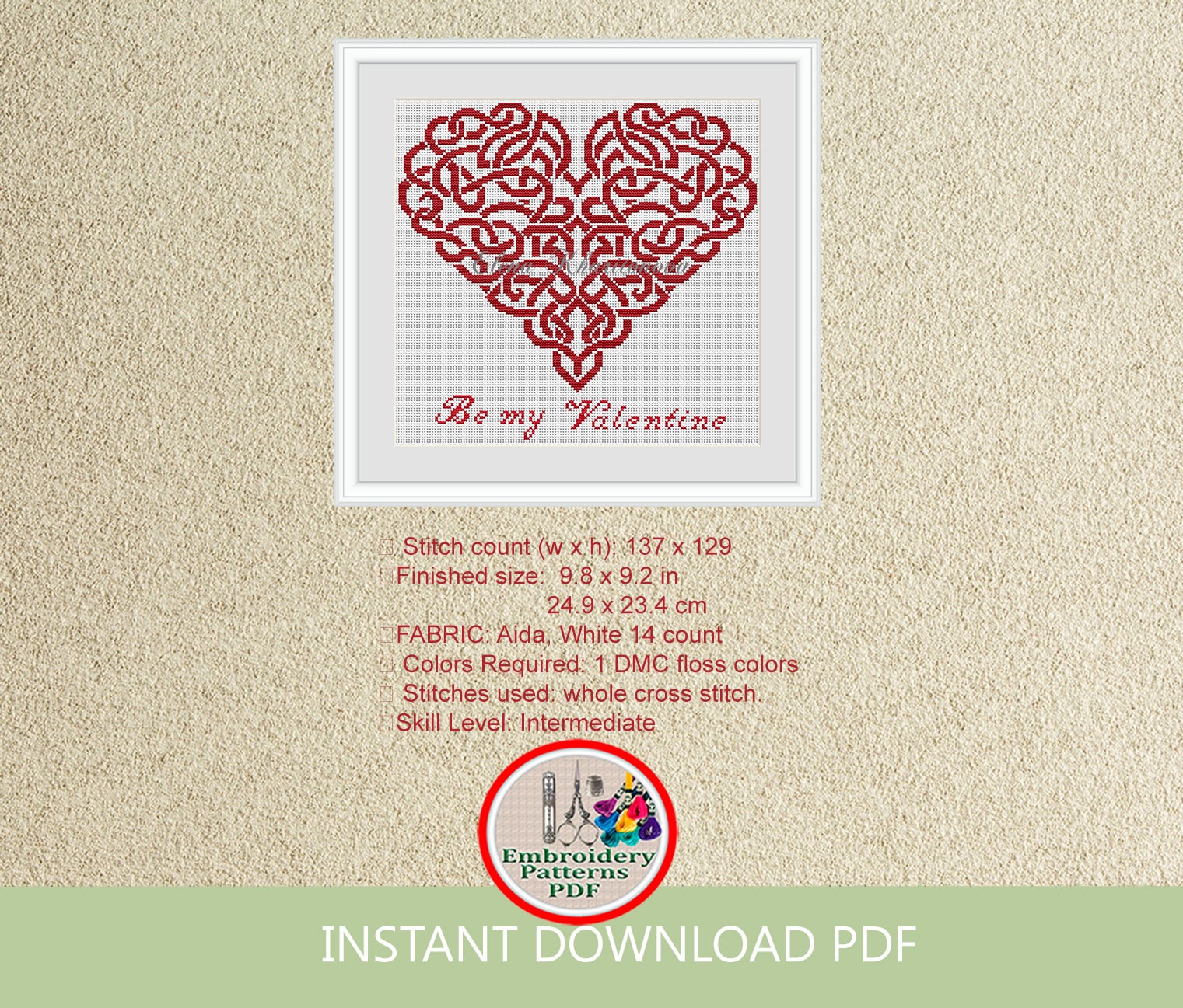 Celtic Heart Cross Stitch Pattern Be My Valentine Card Xstitch Chart ...