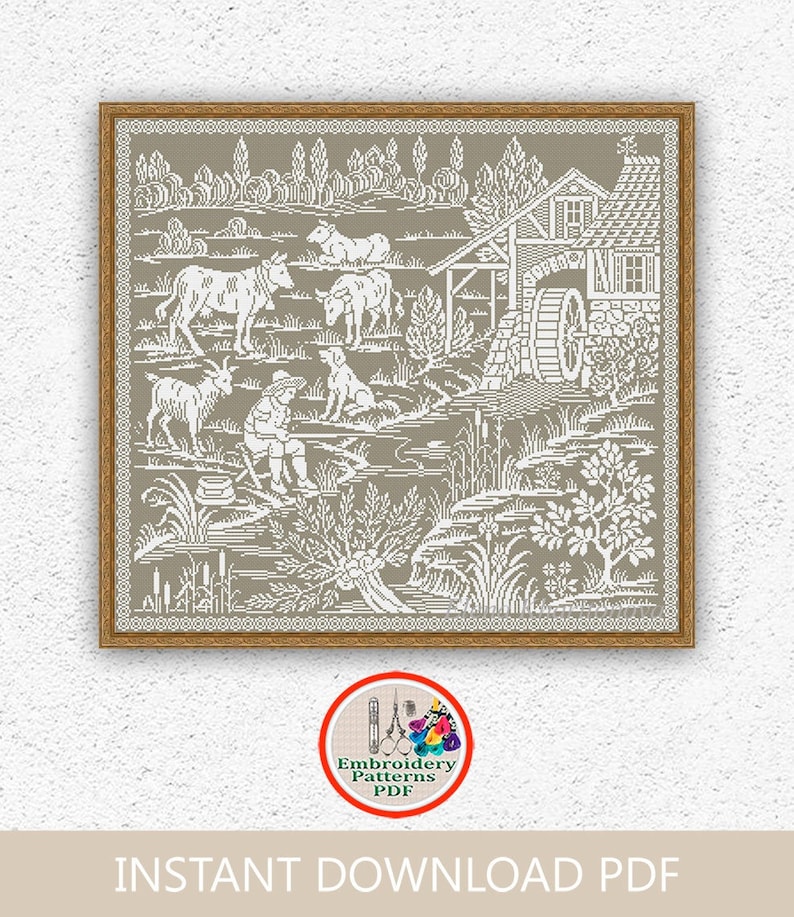 Farmhouse Animals Cross Stitch Pattern Monochrome Sampler Barnyard ...