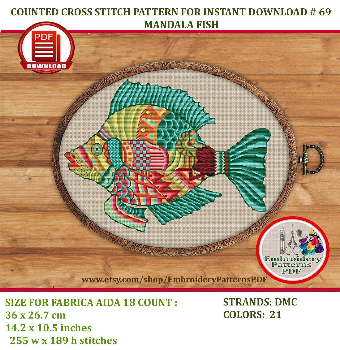 Colorful Mandala Fish Counted Cross Stitch Pattern Mandala Cross Stitch ...
