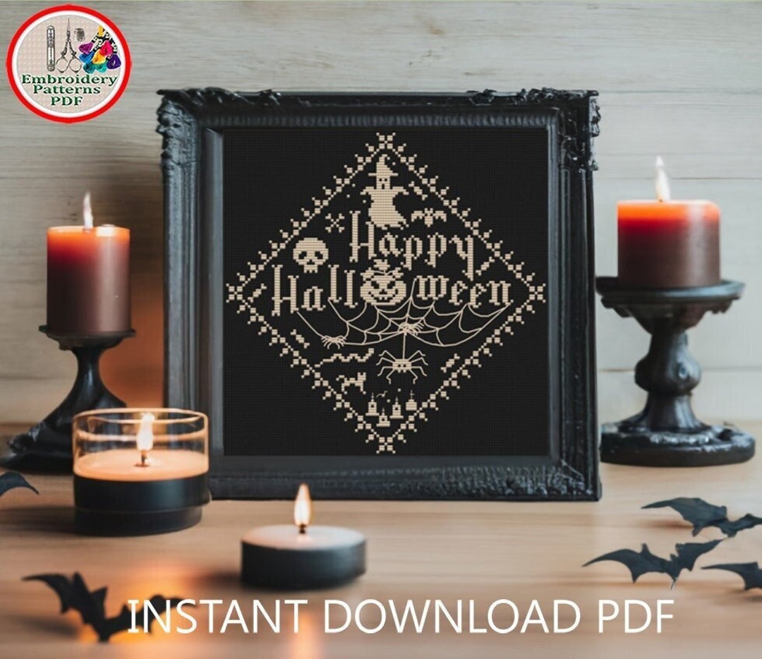 Happy Halloween Cross Stitch Pattern Spooky Ghost Pumpkin Spiders ...