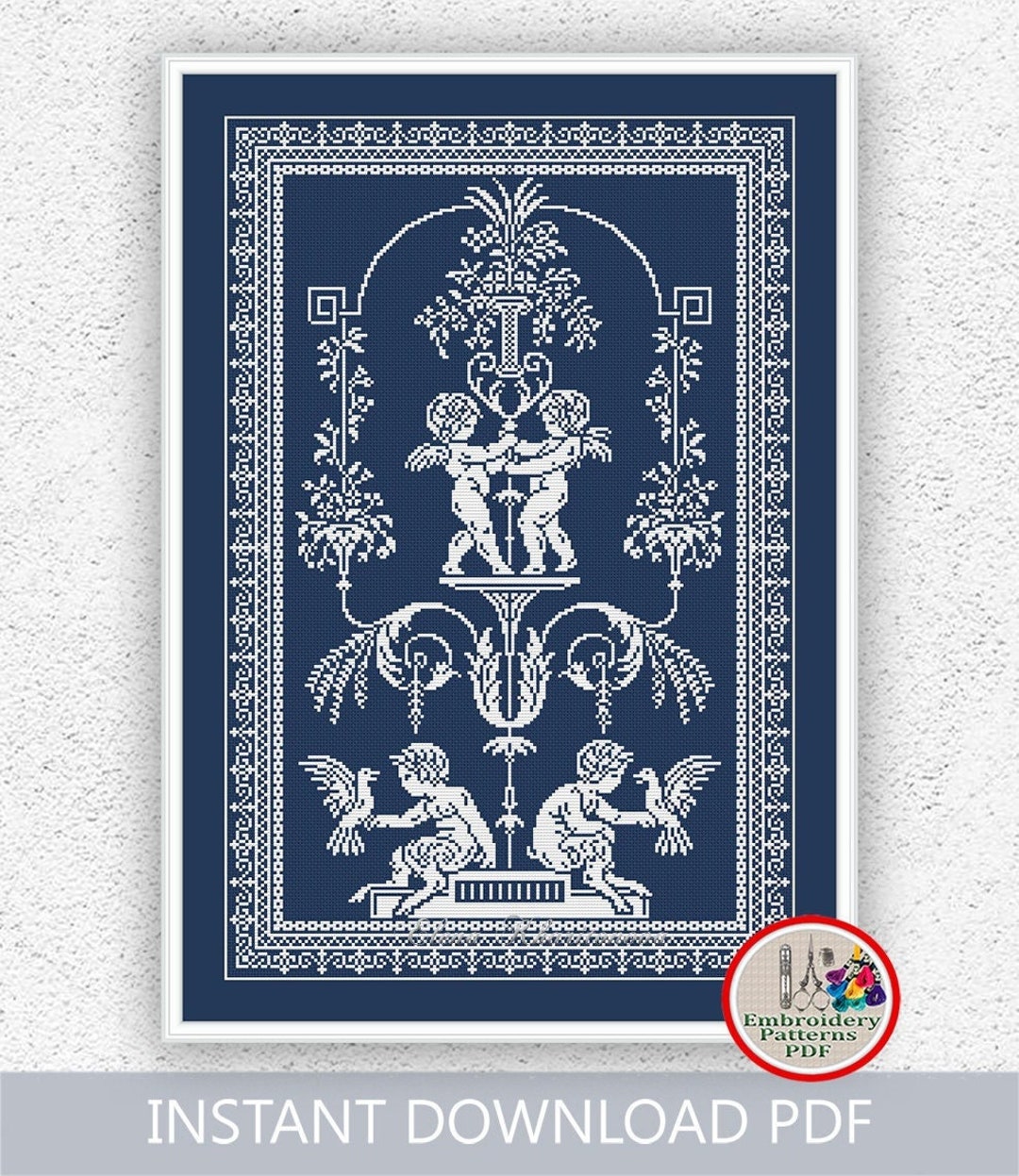 Monochrome Sampler Counted Cross Stitch Angels Faun Birds Embroidery ...