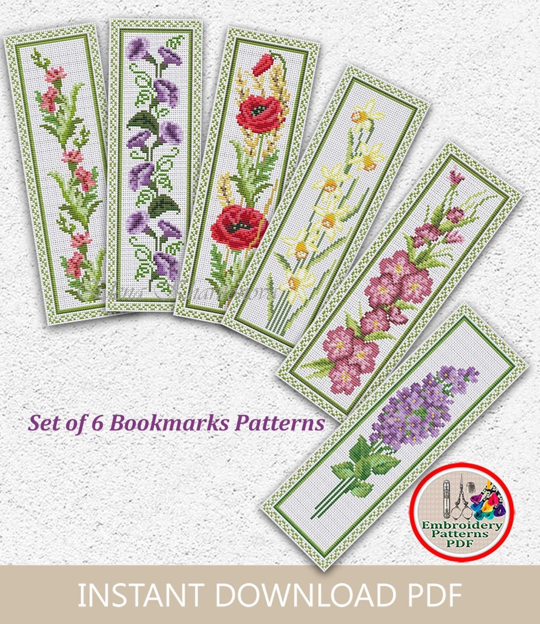 Floral Bookmarks Cross Stitch Pattern Red Flowers Lilac Carnation ...