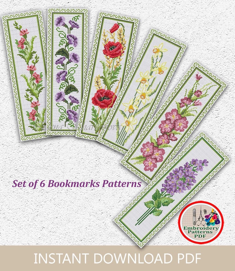 Floral Bookmarks Cross Stitch Pattern Red Flowers Lilac Carnation ...