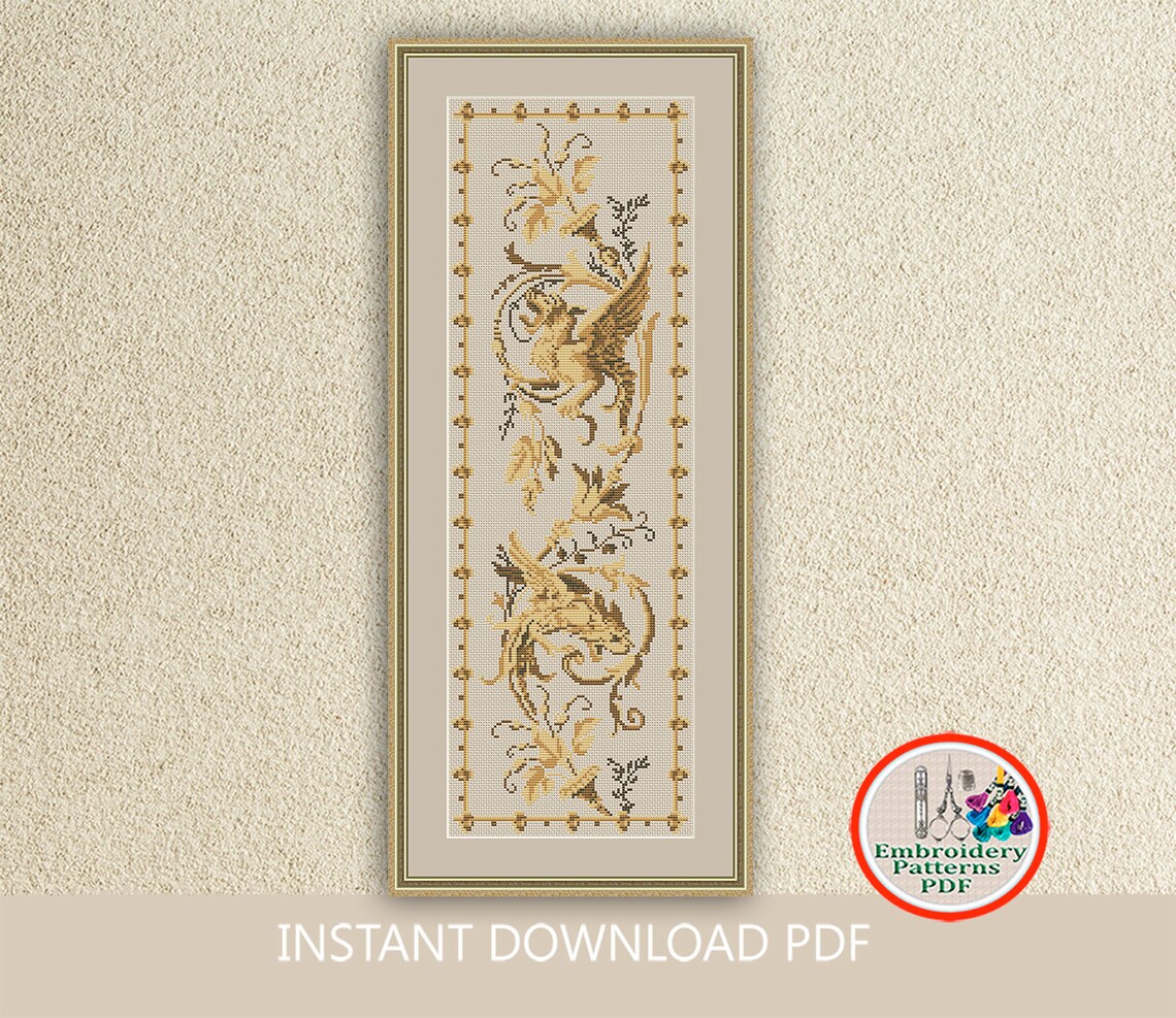 Two Wyvern Dragons Counted Cross Stitch Pattern Antique Sampler ...