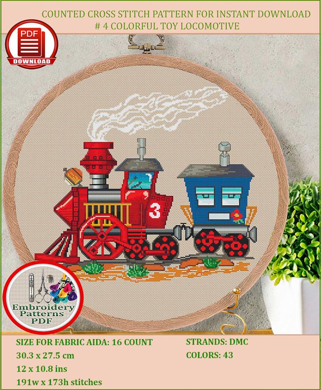 Train Cross Stitch Pattern Red and Blue Locomotive Embroidery Design ...