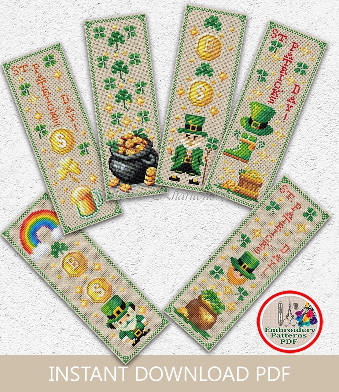 St Patricks Day Bookmarks Cross Stitch Pattern Patrick Pot of Gold ...
