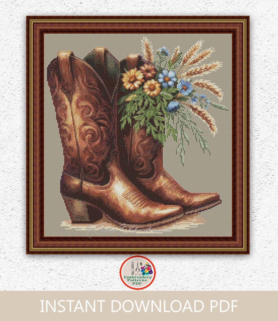 Vintage Brown Cowboy Boots Cross Stitch Pattern Flowers Cross Stitch ...