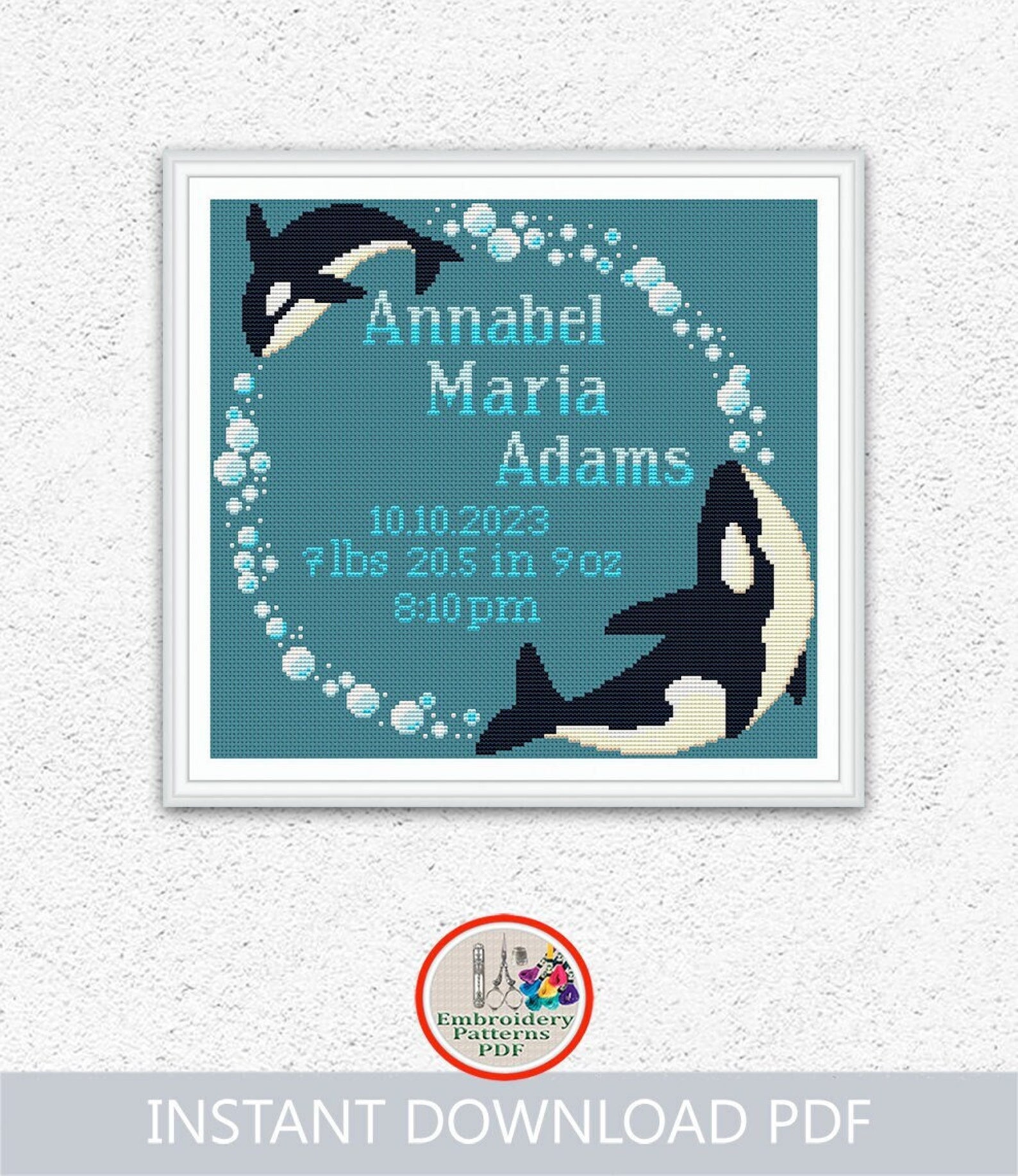 Custom Baby Birth Sampler Cross Stitch Pattern Bubbles Whales Orca ...