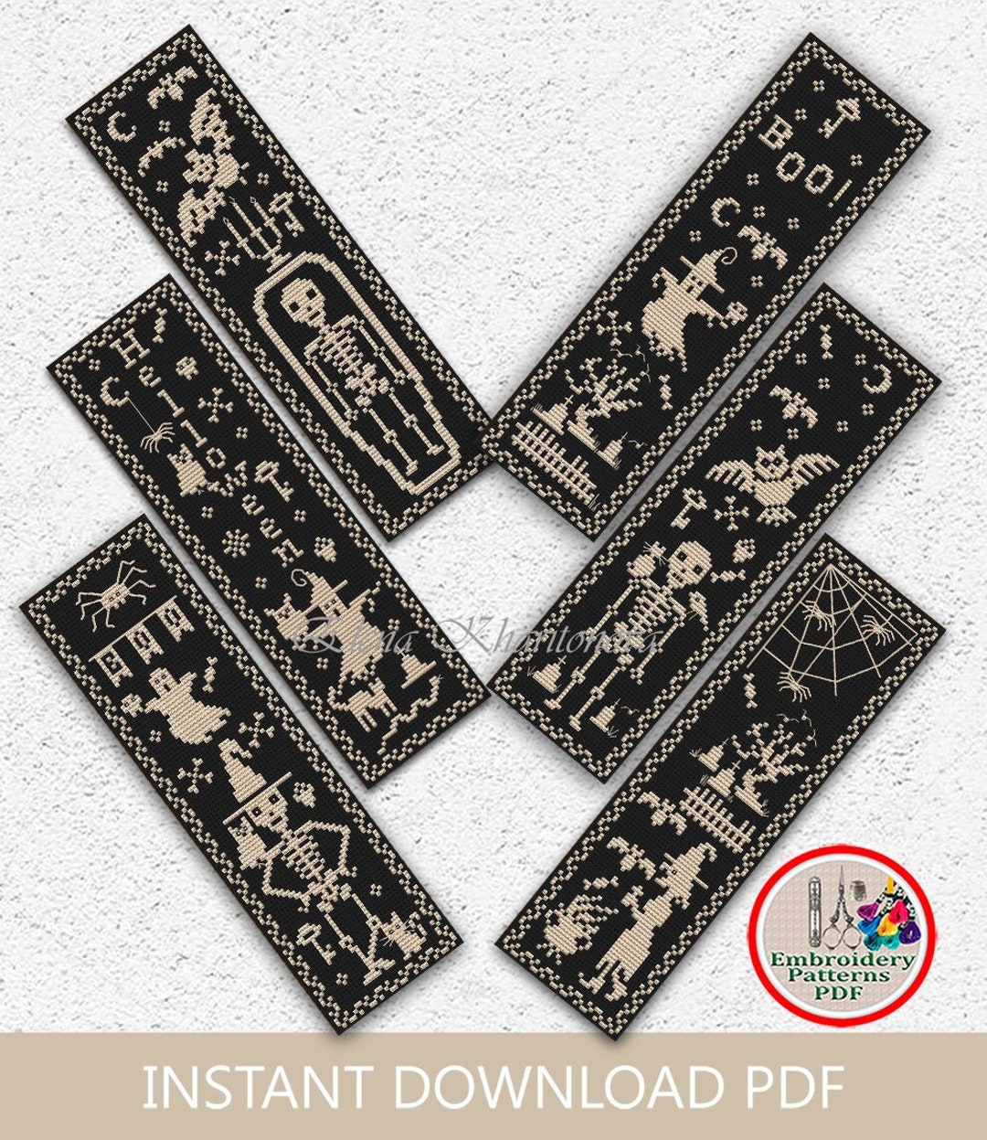 Set of 6 Halloween Bookmarks Cross Stitch Pattern Monochrome Halloween ...