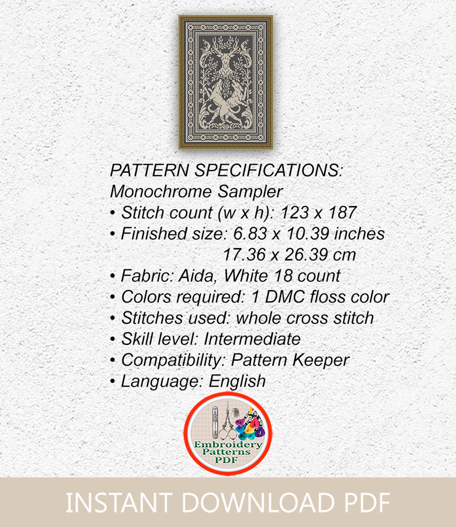 Hunting Monochrome Sampler Cross Stitch Pattern Deer and Hound - Etsy