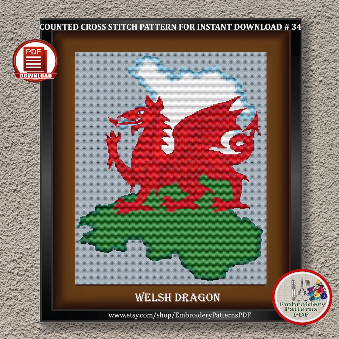 Welsh Dragon Counted Cross Stitch Pattern Y Ddraig Goch Red Dragon ...