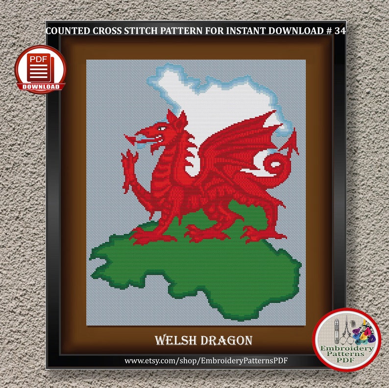 Welsh Dragon Counted Cross Stitch Pattern Y Ddraig Goch Red - Etsy