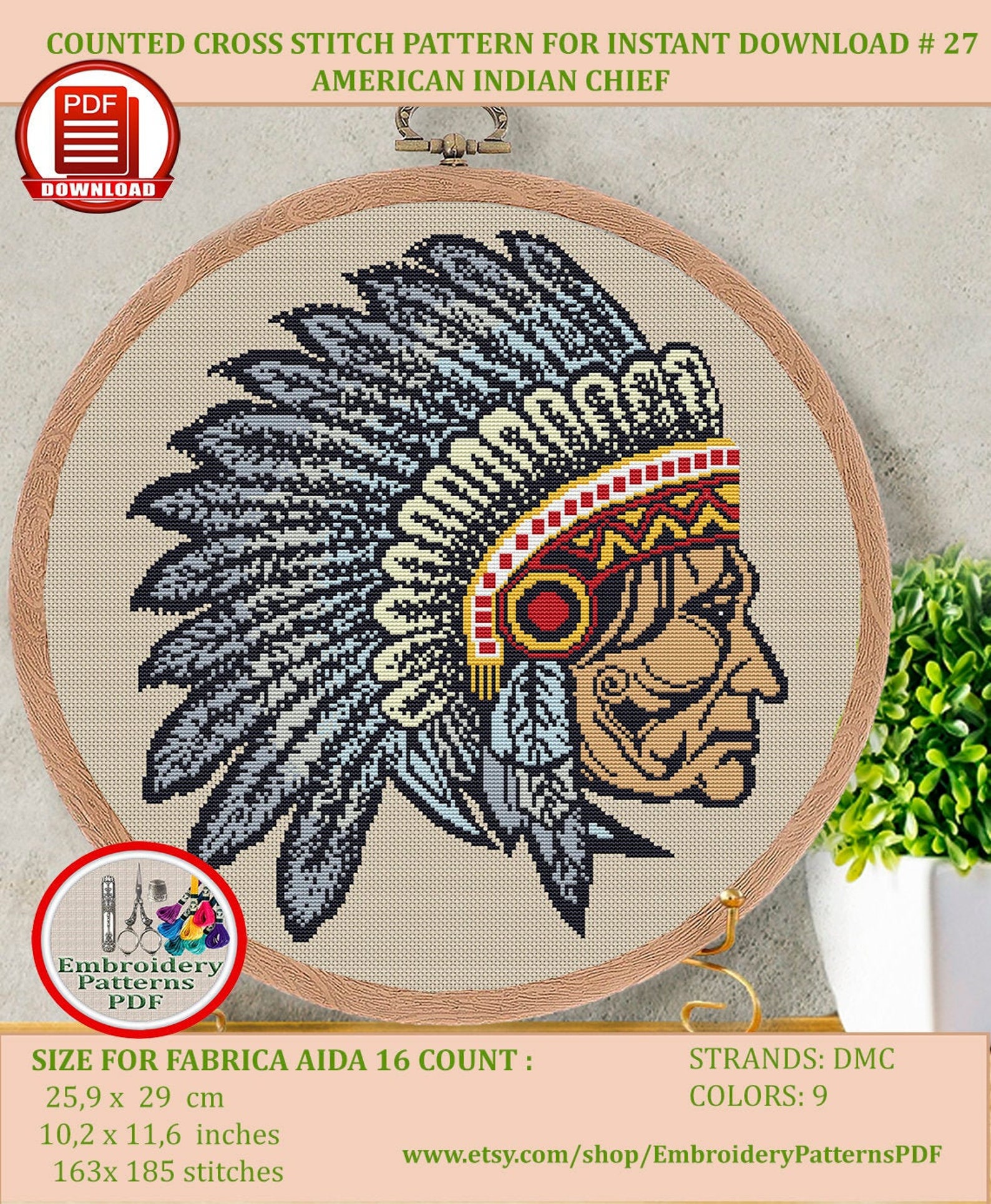 Indian Chief Cross Stitch Pattern Native American Indian Chief ...