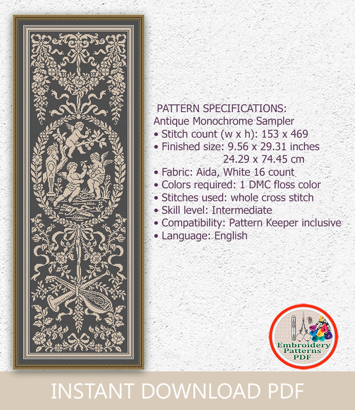Three Little Angels in Garden Counted Cross Stitch Pattern Monochrome ...