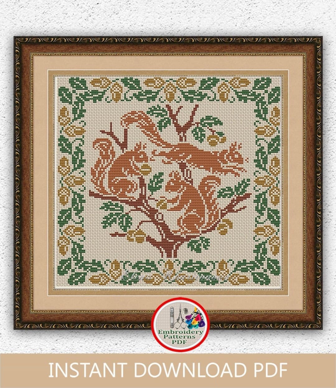 Squirrels Pillow Sampler Cross Stitch Pattern Squirrel Cross Stitch ...