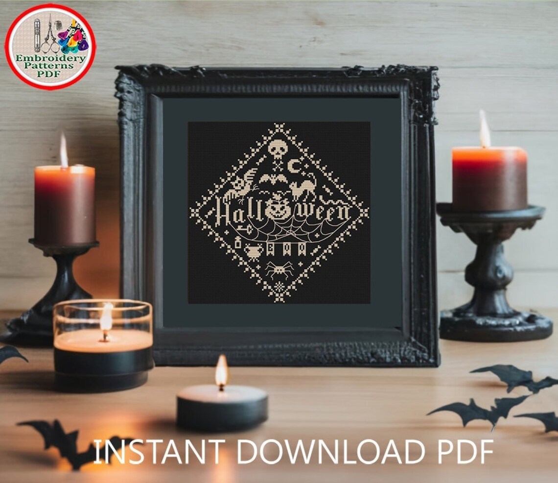 Monochrome Halloween Cross Stitch Pattern Halloween Quaker Sampler ...