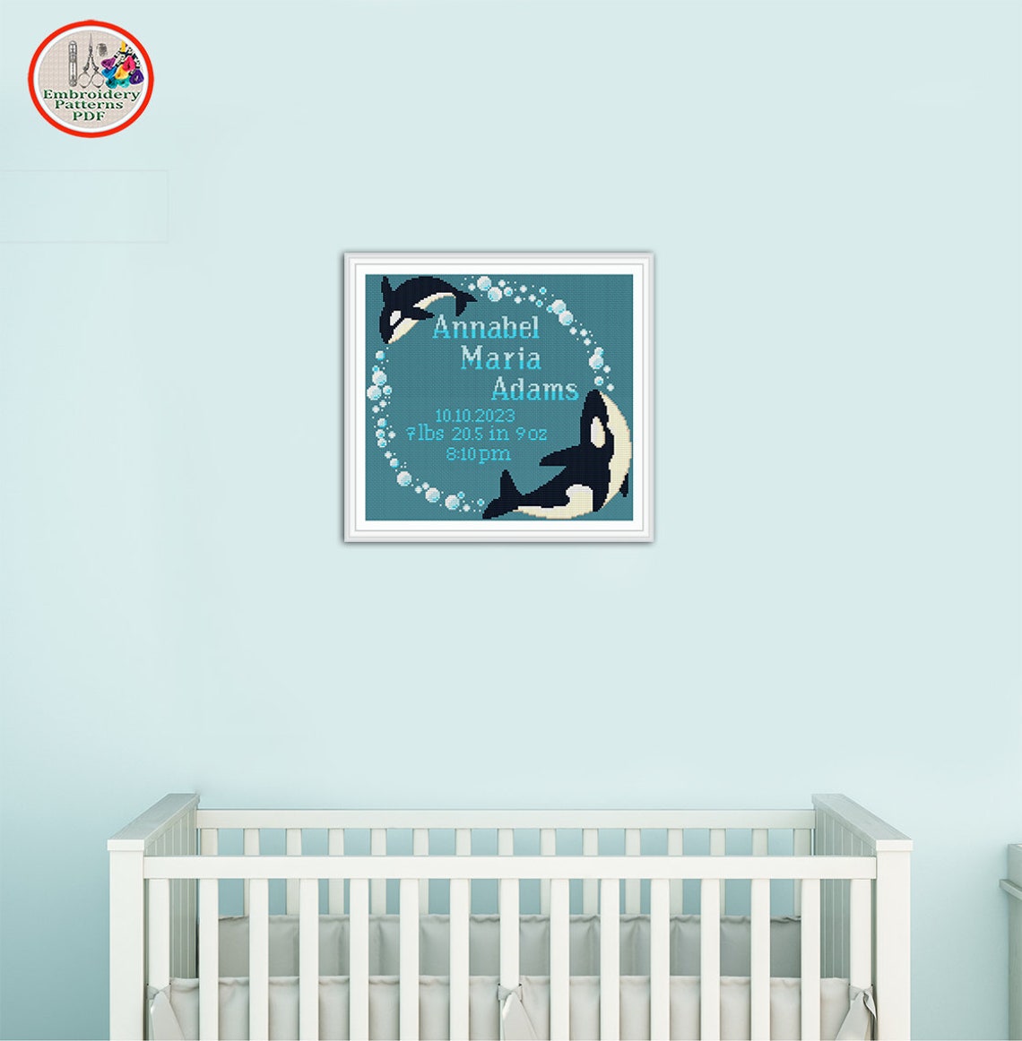 Custom Baby Birth Sampler Cross Stitch Pattern Bubbles Whales Orca ...
