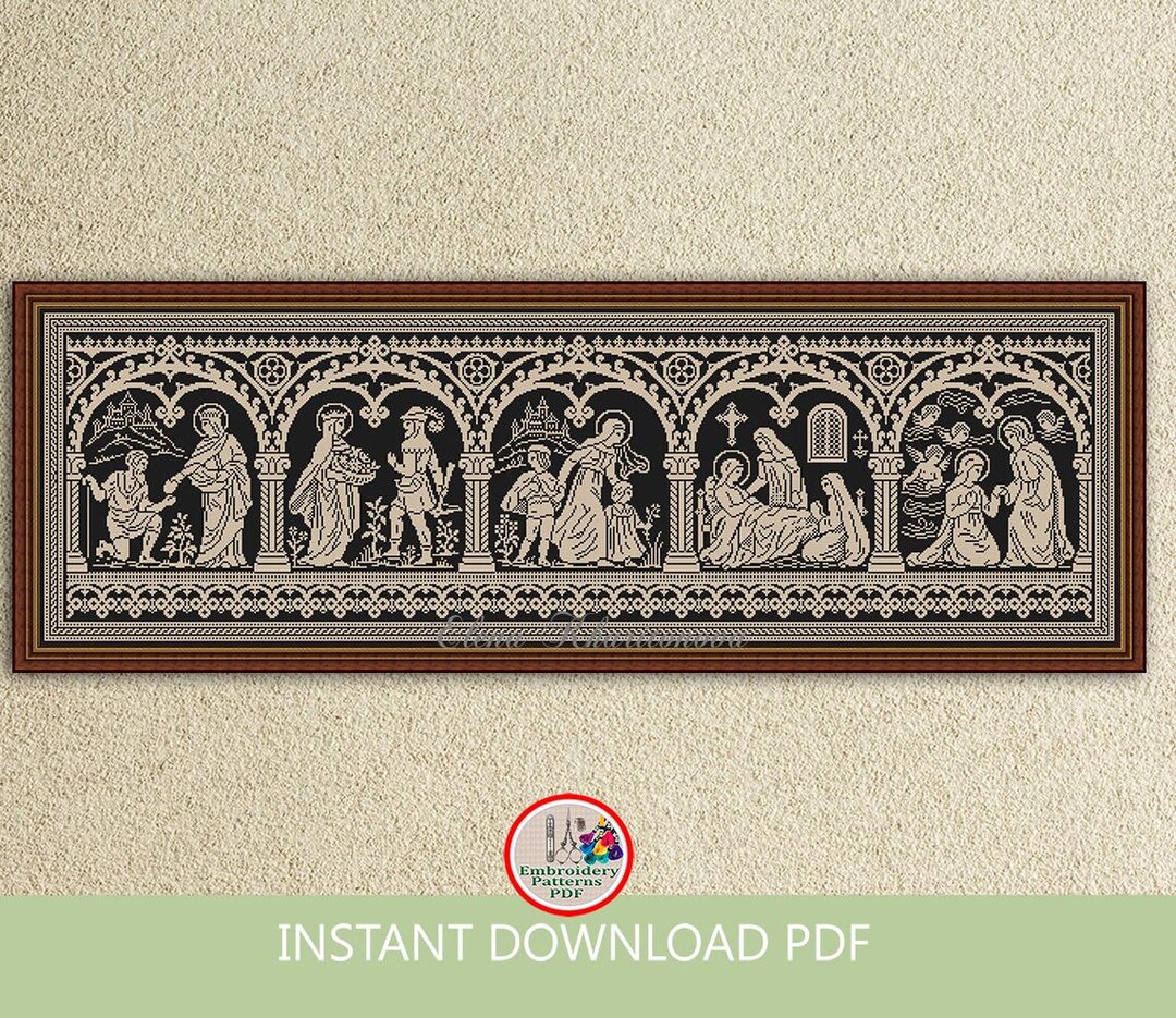 Religious Monochrome Sampler Cross Stitch Pattern Medieval Nativity ...