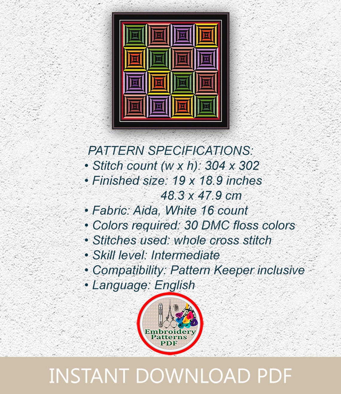 Colorful Optical Squares Counted Cross Stitch Pattern Optical Illusion ...