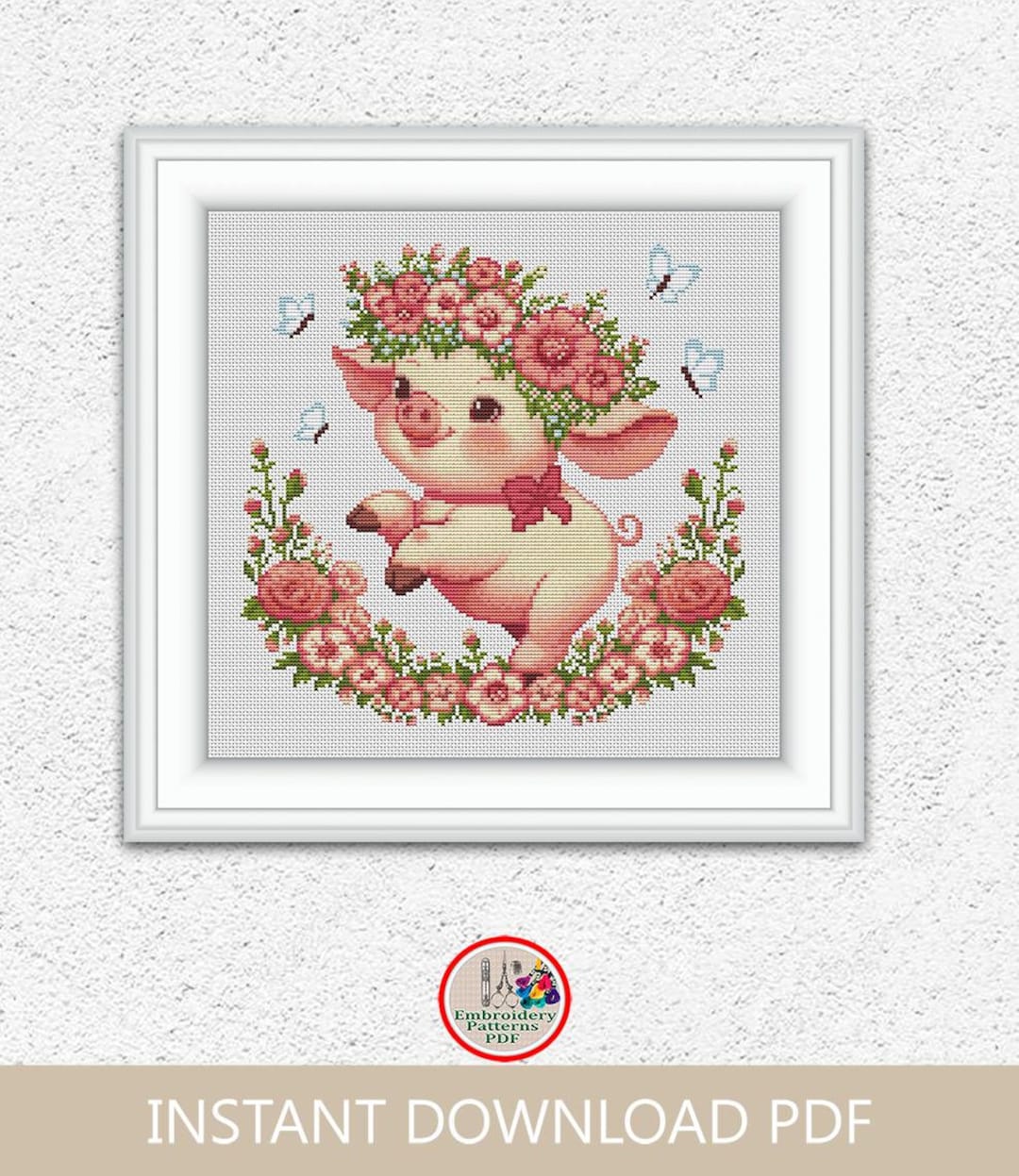Cute Baby Pig Cross Stitch Pattern Little Piggy in Flowers Embroidery ...