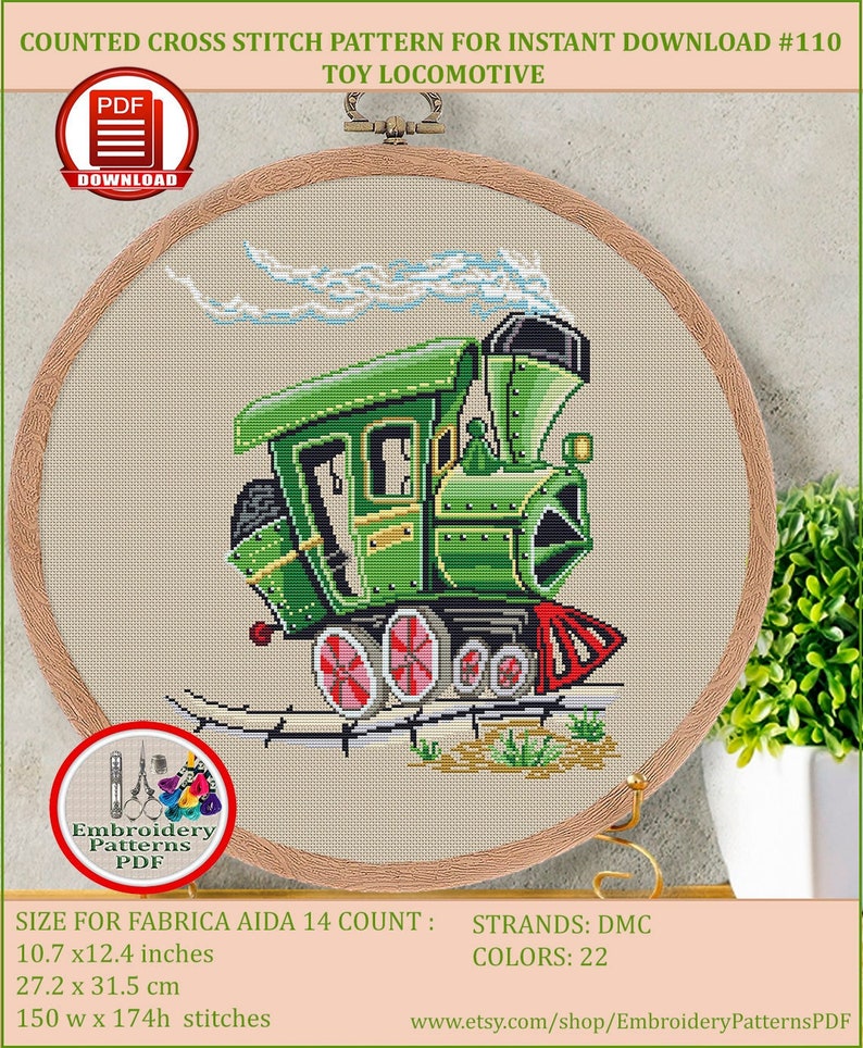 Steam Train Cross Stitch Pattern Locomotive Embroidery Design Cartoon ...