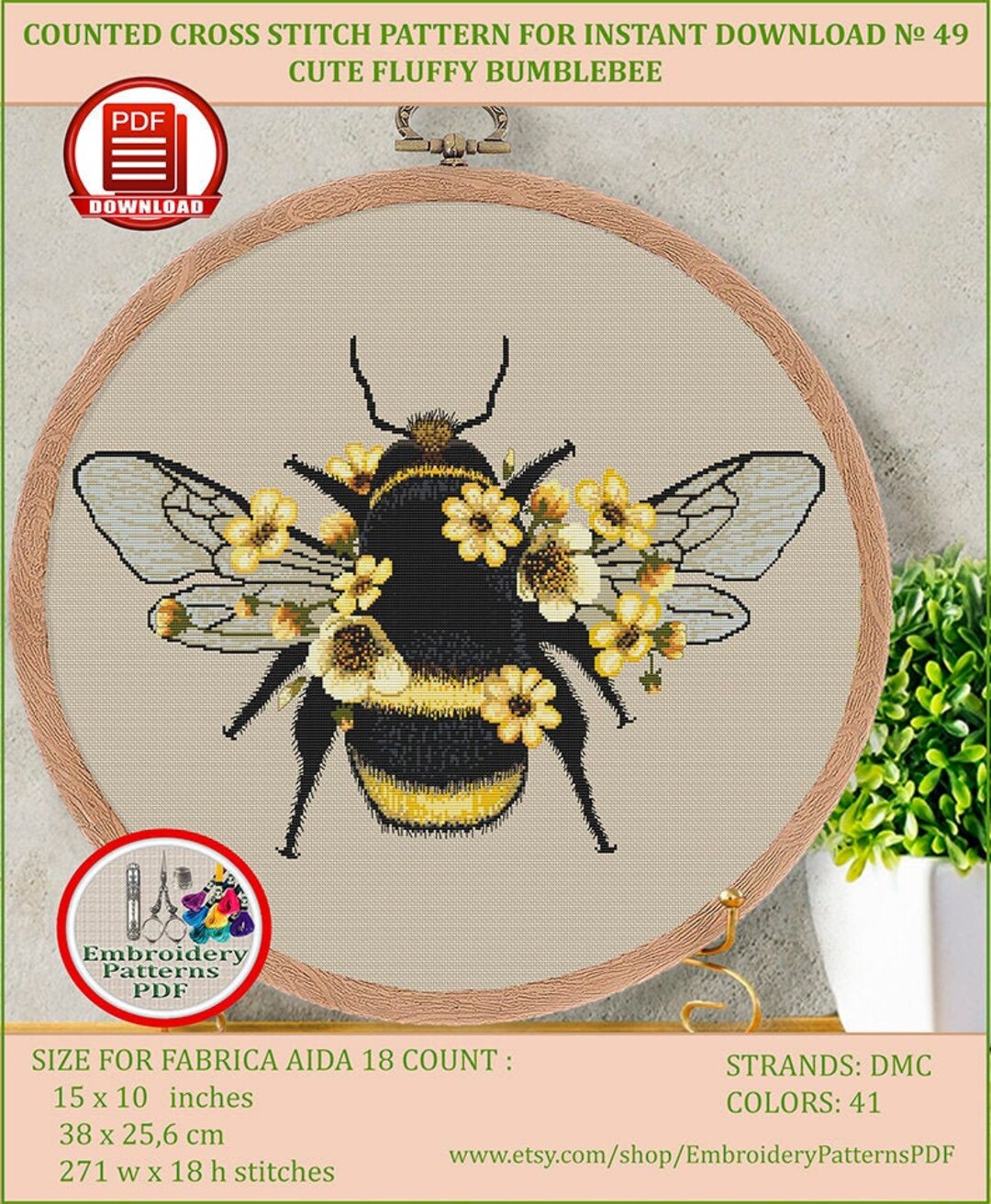 Cute Fluffy Bumblebee Counted Cross Stitch Pattern Insect Cross Stitch ...