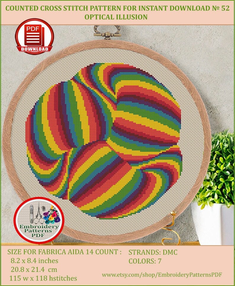 Colorful Striped Optical Illusion Counted Cross Stitch Pattern ...