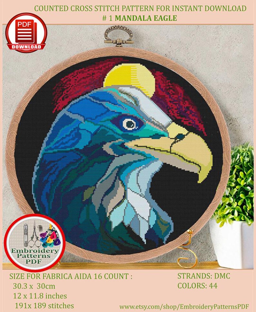 Eagle Counted Cross Stitch Pattern Predatory Bird Cross Stitch Golden ...