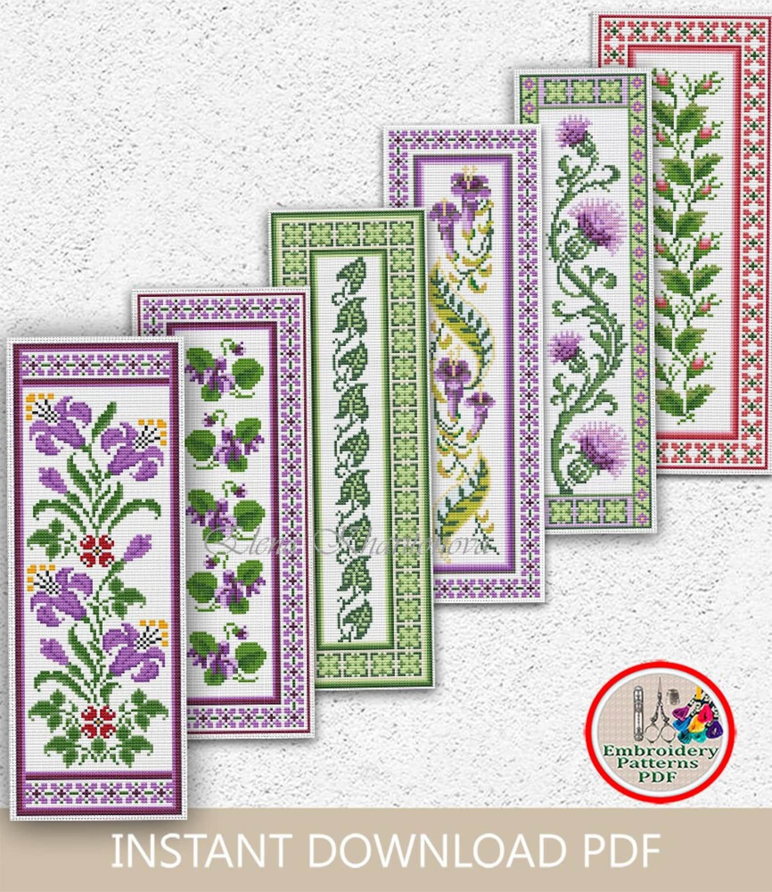 Set of 6 Floral Bookmarks Cross Stitch Patterns Flowers Leaves Bookmark ...