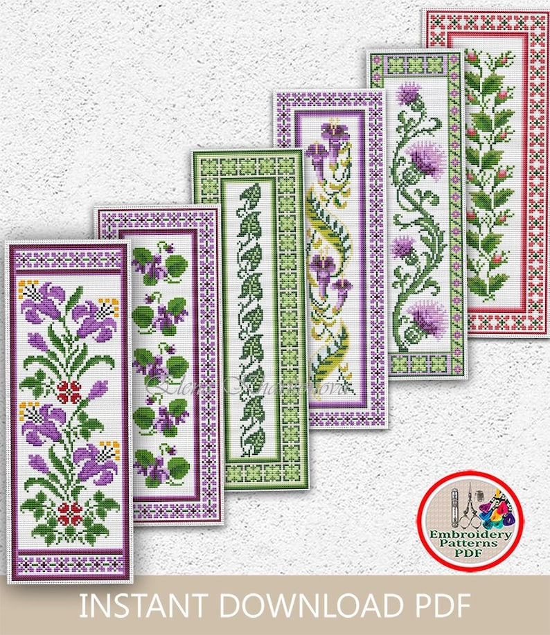 Set of 6 Floral Bookmarks Cross Stitch Patterns Flowers Leaves Bookmark ...