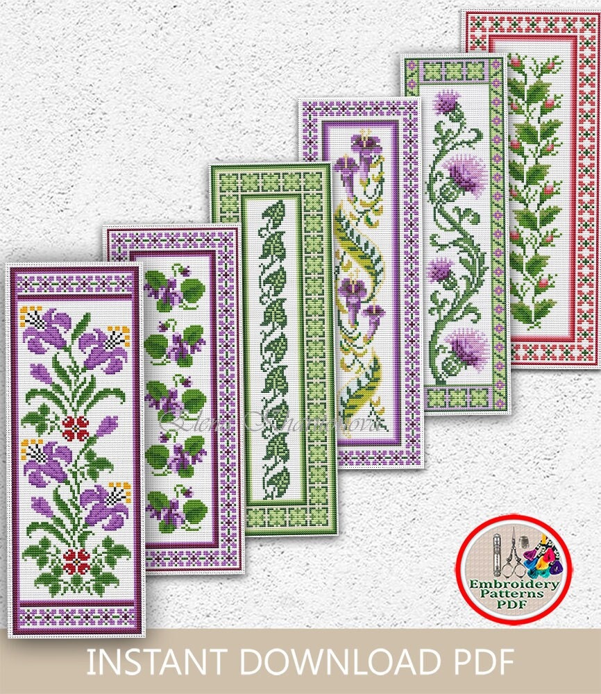 Set of 6 Floral Bookmarks Cross Stitch Patterns Flowers Leaves Bookmark ...