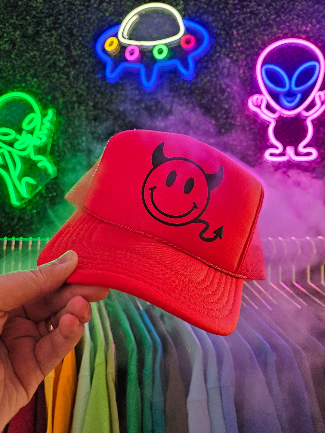 Smiley Face Foam Trucker Hat, Puff Foam Trucker Hats, Party Hats, Evil ...